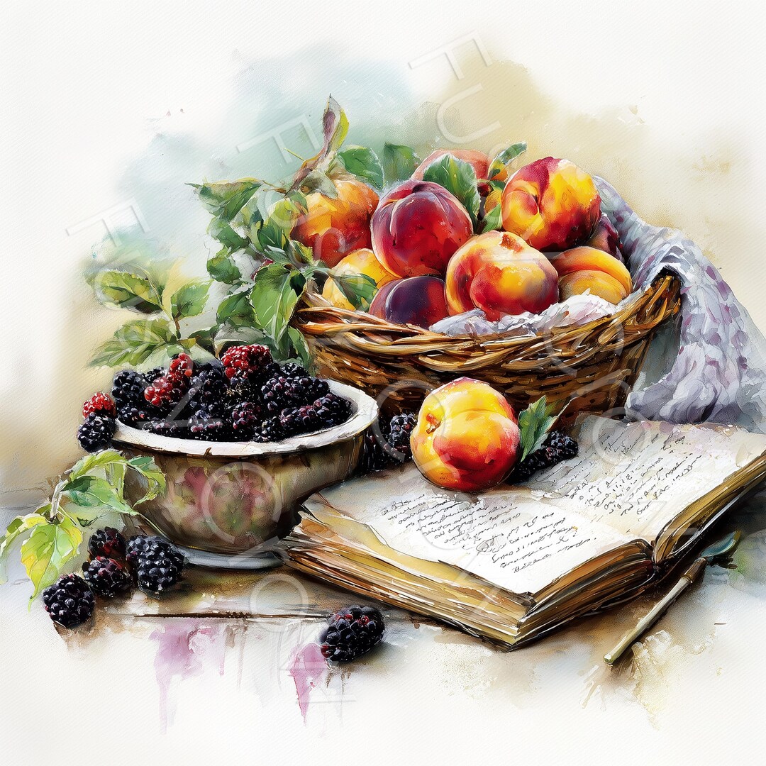 Peach Basket Clipart, 10 High Quality Watercolour Rustic Fruit Ephemera ...