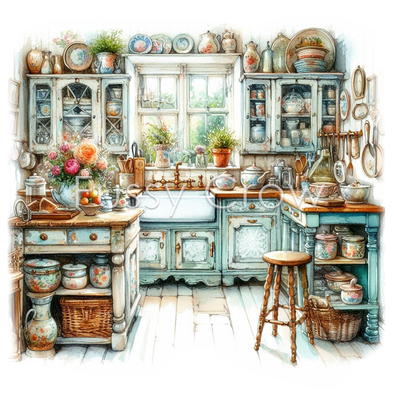 Shabby Chic Kitchen Clipart 10 High Quality Jpgs, Watercolour Country ...