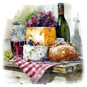 Bread, Cheese and Wine Clipart, 12 High Quality Watercolour Jpgs ...