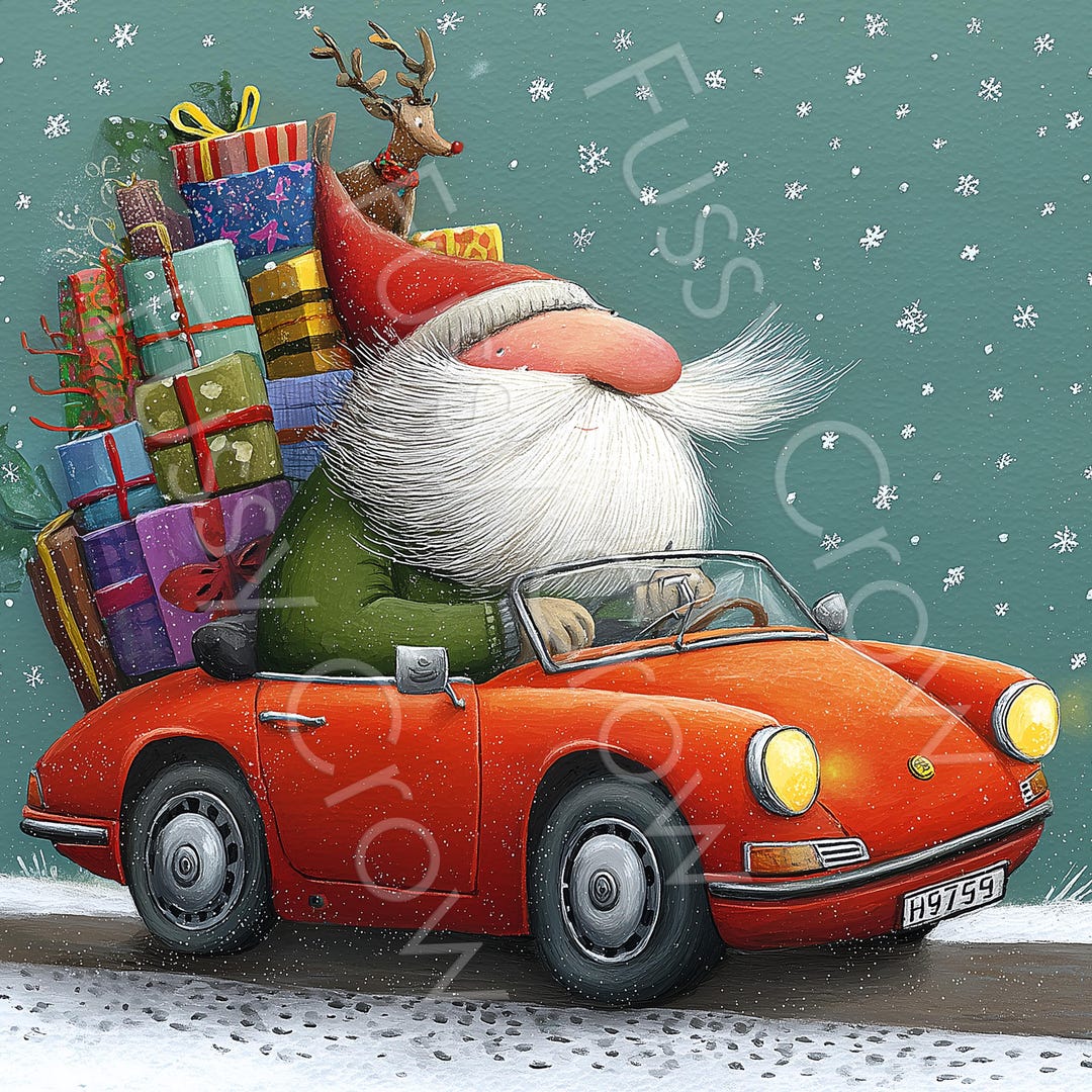 Santa in Sports Car Clip Art, Watercolour Quirky Christmas, 10 Jpgs ...