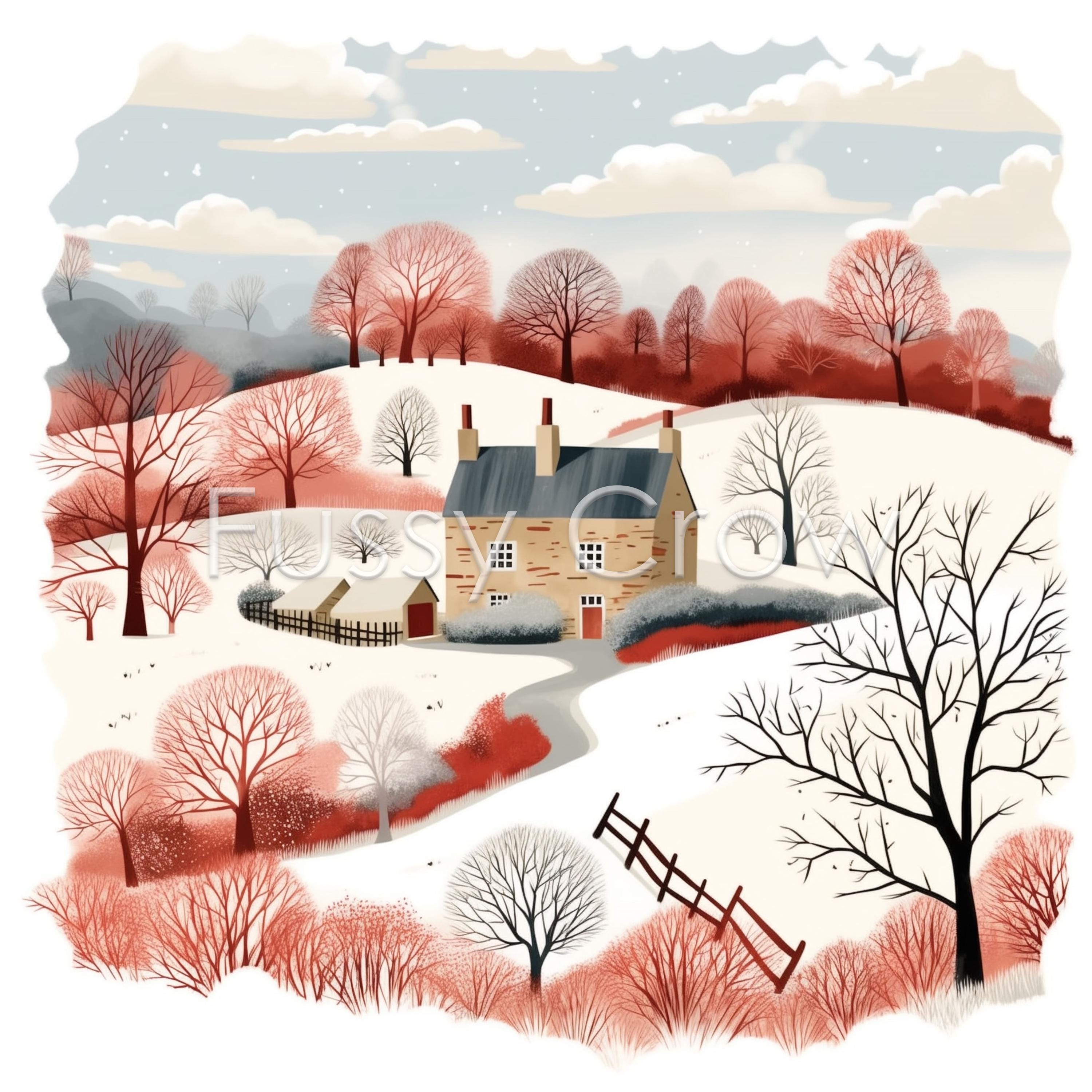 Winter Landscape Clipart 10 High Quality Jpgs, Snowy Cottage Scenery ...