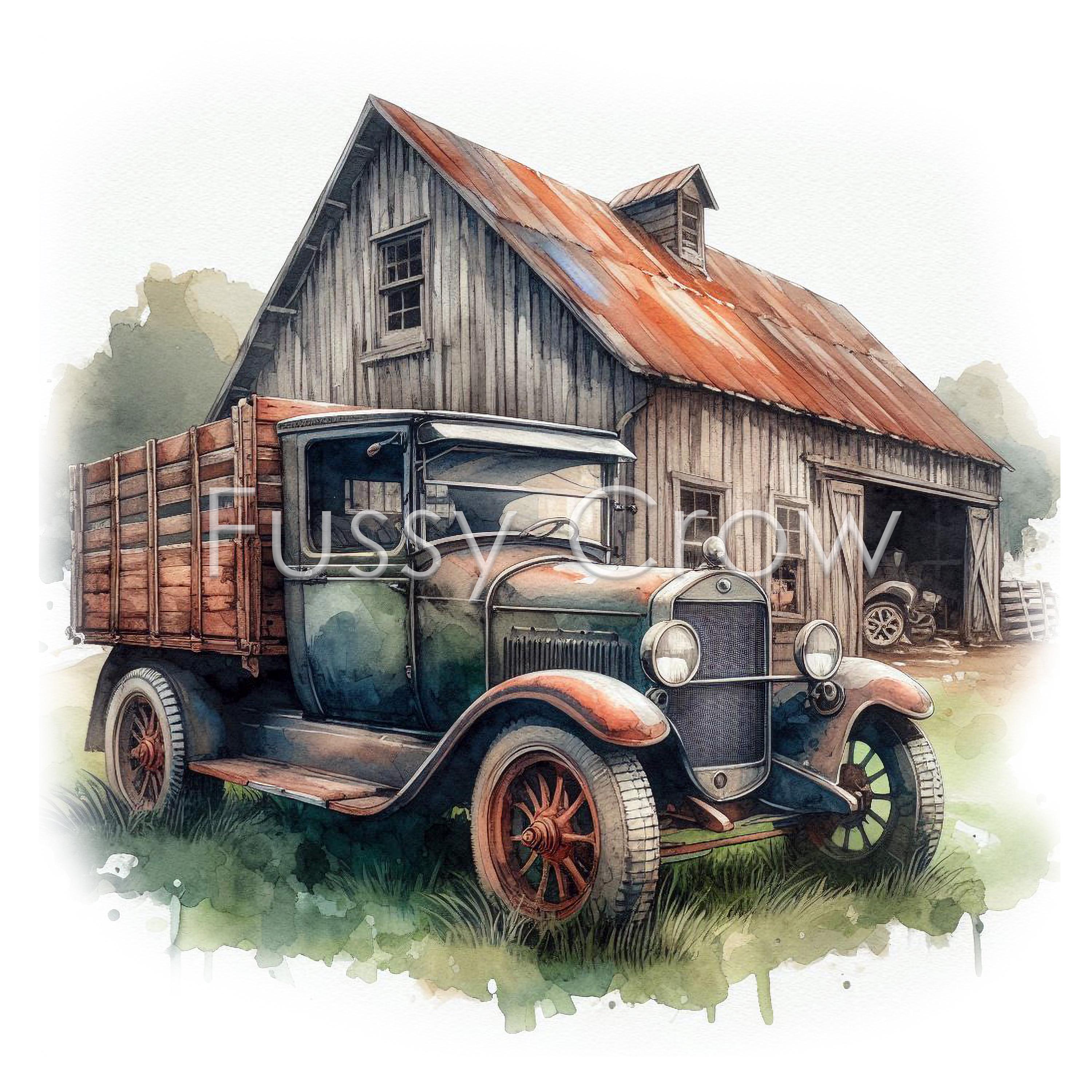 Vintage Farm Truck Clipart 10 High Quality Jpgs, Watercolour Rustic ...