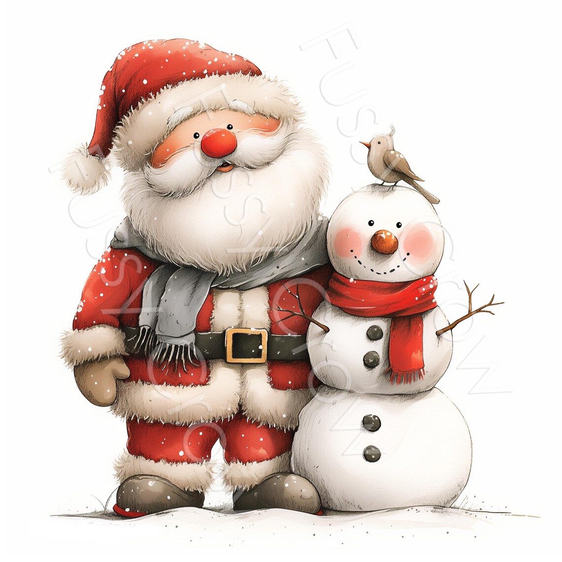 Santa Claus & Snowman Clip Art, Watercolour Christmas Graphics 10 Jpgs ...