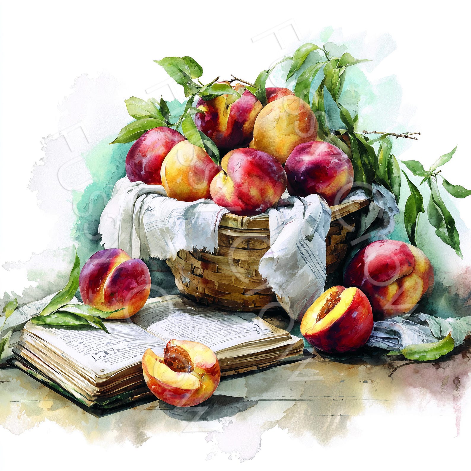 Peach Basket Clipart, 10 High Quality Watercolour Rustic Fruit Ephemera ...