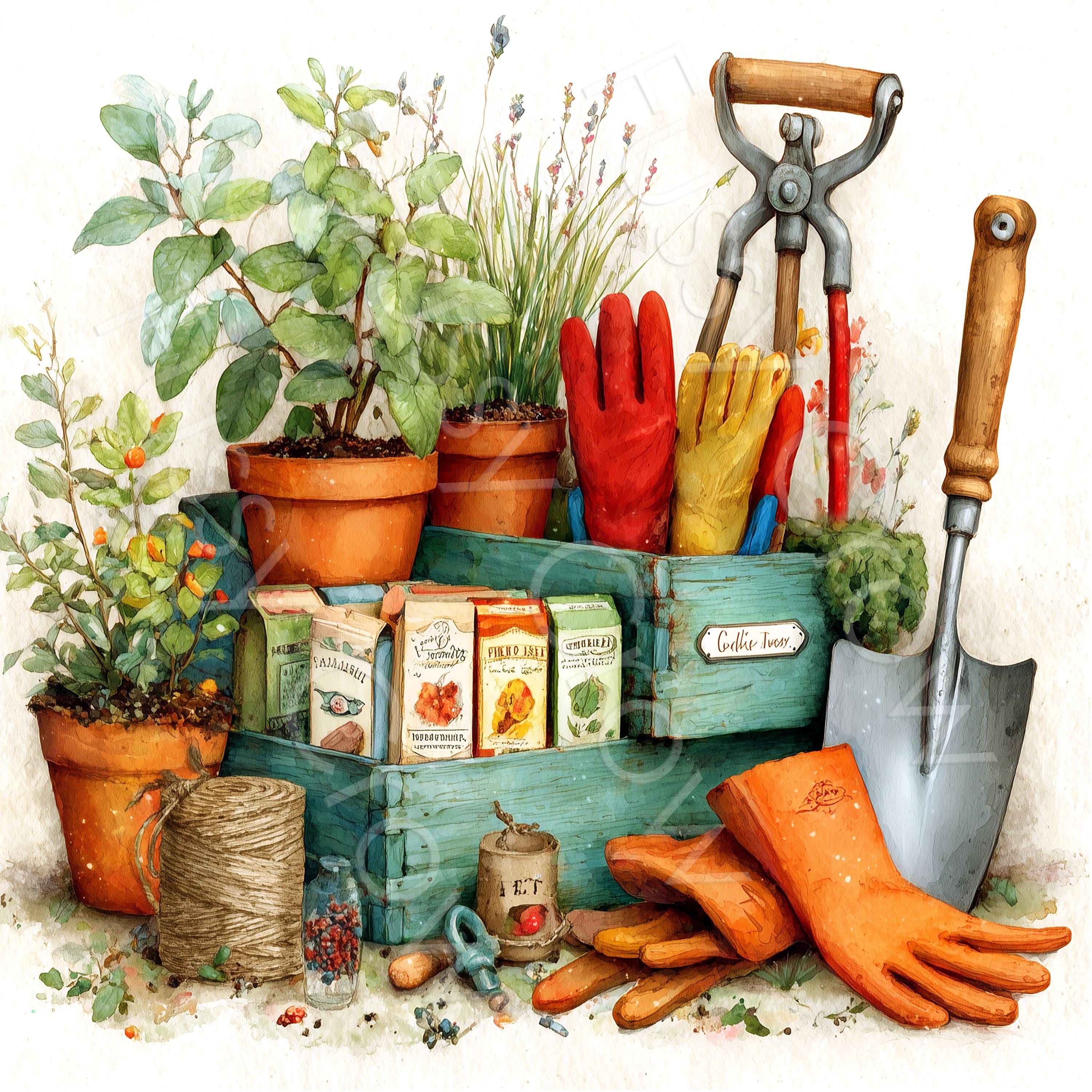 Garden Tools Clipart: Watercolour Rustic Horticulture Ephemera (10 Jpgs ...