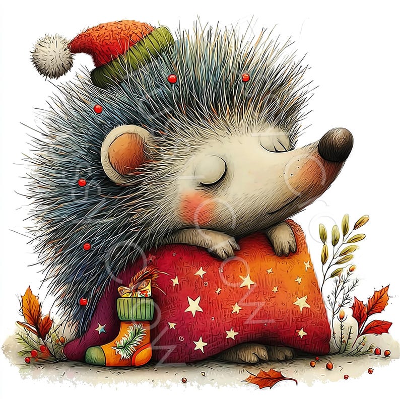 Christmas Hedgehog Clip Art, Watercolour Sleeping Animal Graphics, 10 ...
