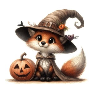 Halloween Fox Clipart, 12 High Quality Watercolour Whimsical Witch Hat ...