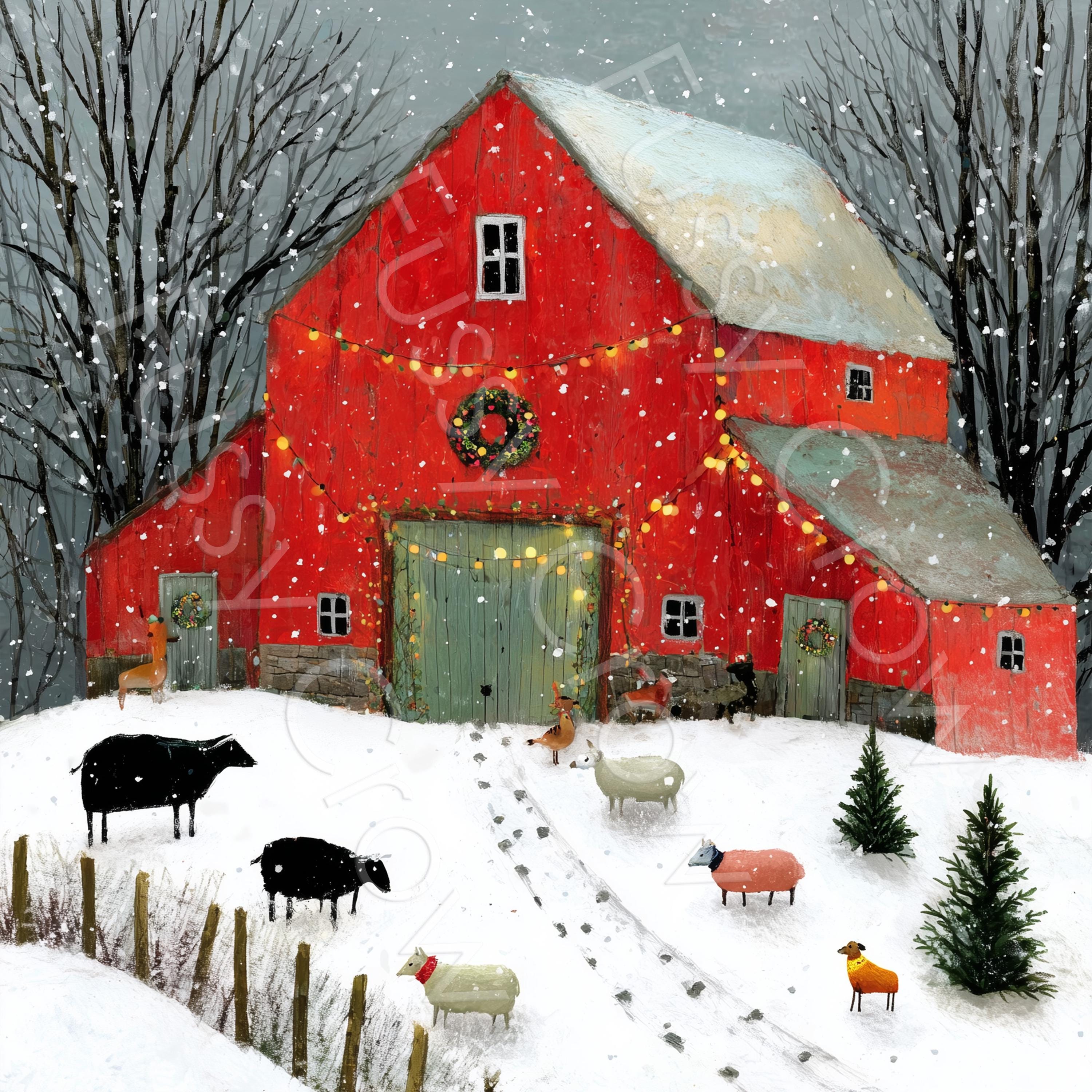 Christmas Red Barn Clipart, 12 Watercolour Snowy Winter Farm Jpgs for ...