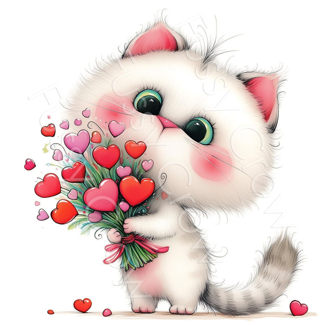 Valentine Cat Clip Art, Watercolour Cute Kittens, 10 Jpgs, Digital ...