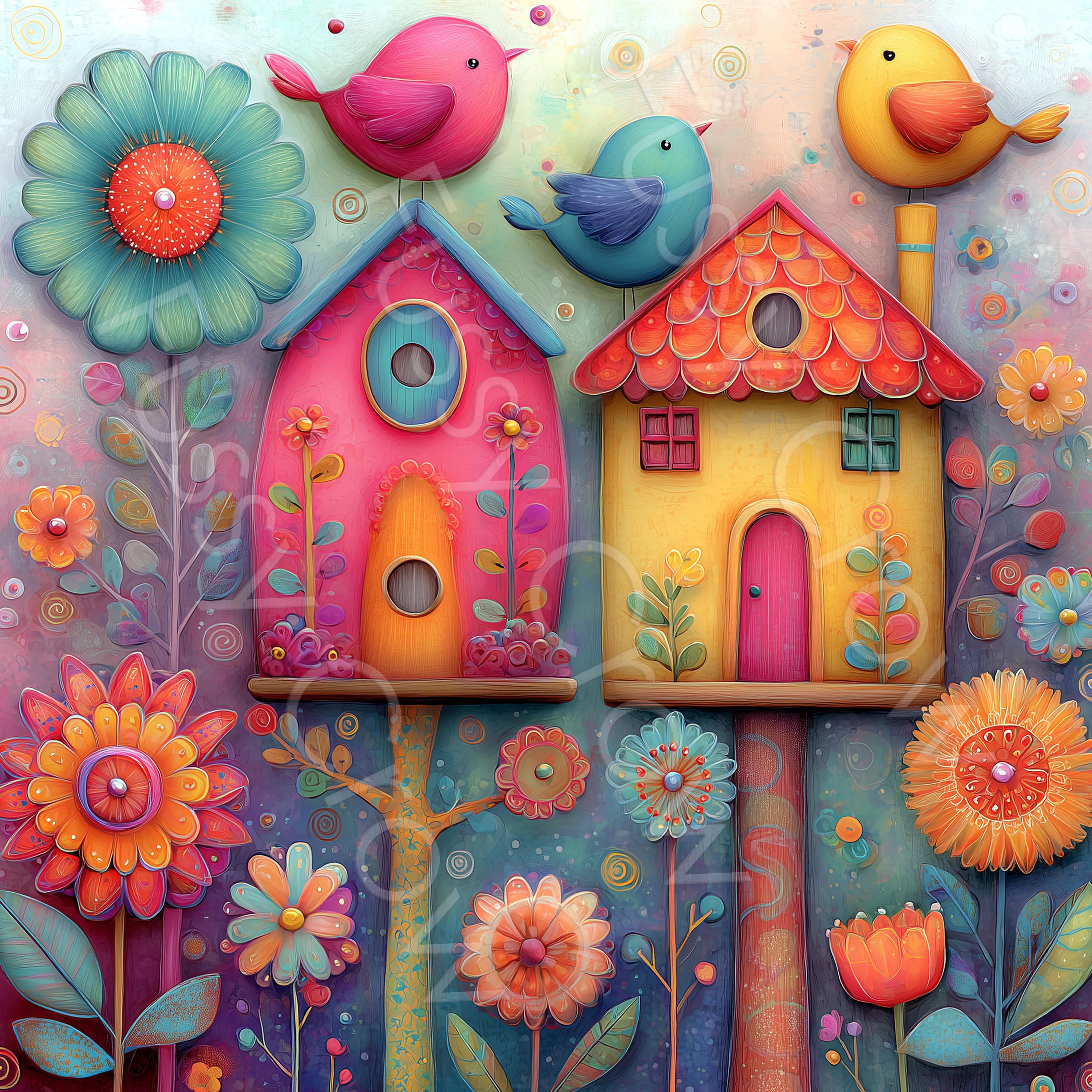 Whimsical Birdhouse Clip Art, Rainbow Watercolour Graphics, 10 Jpgs ...