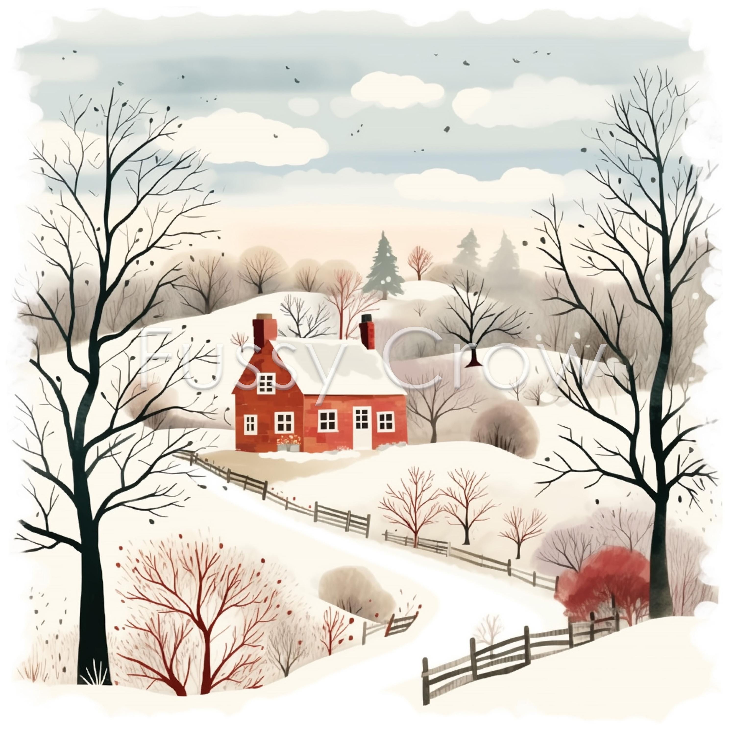 Winter Landscape Clipart 10 High Quality Jpgs, Snowy Cottage Scenery ...