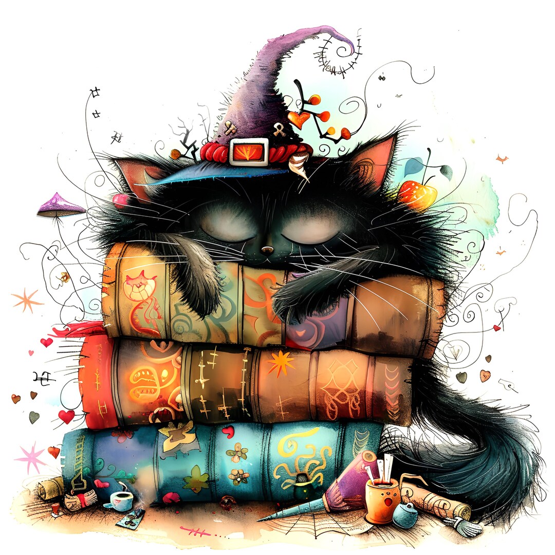 Cute Witch's Cat Clipart 12 High Quality Jpgs, Whimsical Halloween Cats ...