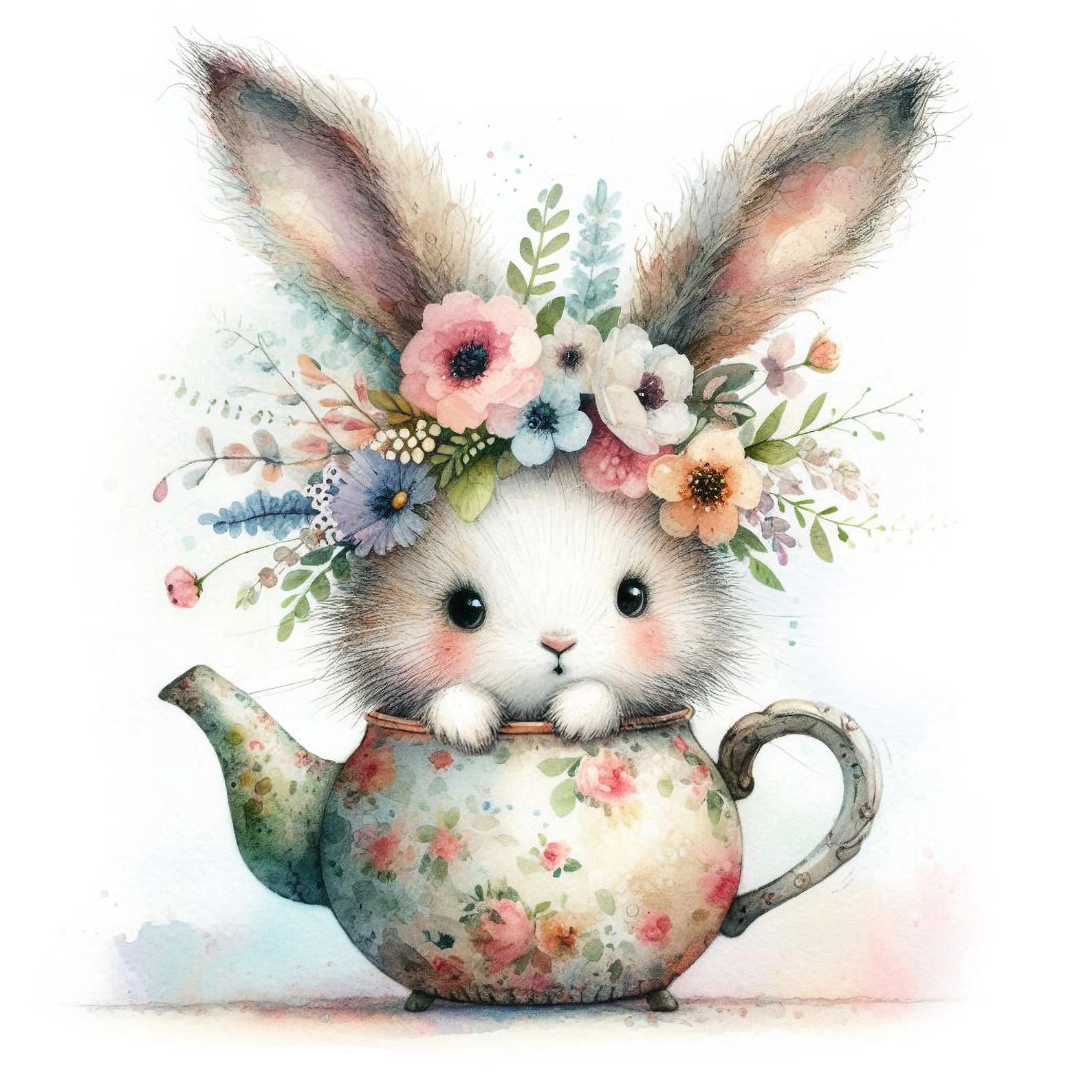Spring Bunny Clipart, 10 High Quality Jpgs Floral Rabbit & Teapot, Cute ...