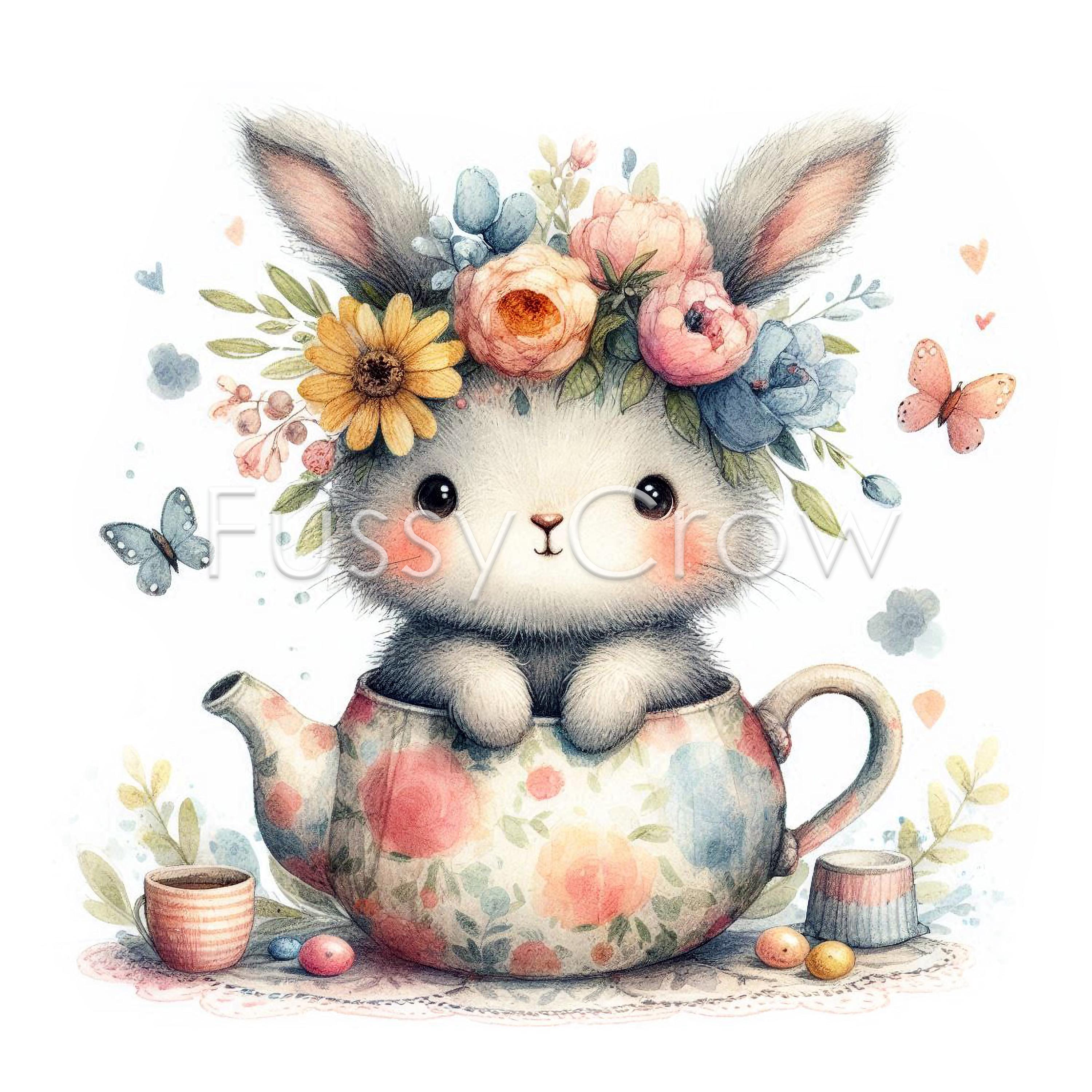 Spring Bunny Clipart, 10 High Quality Jpgs Floral Rabbit & Teapot, Cute ...