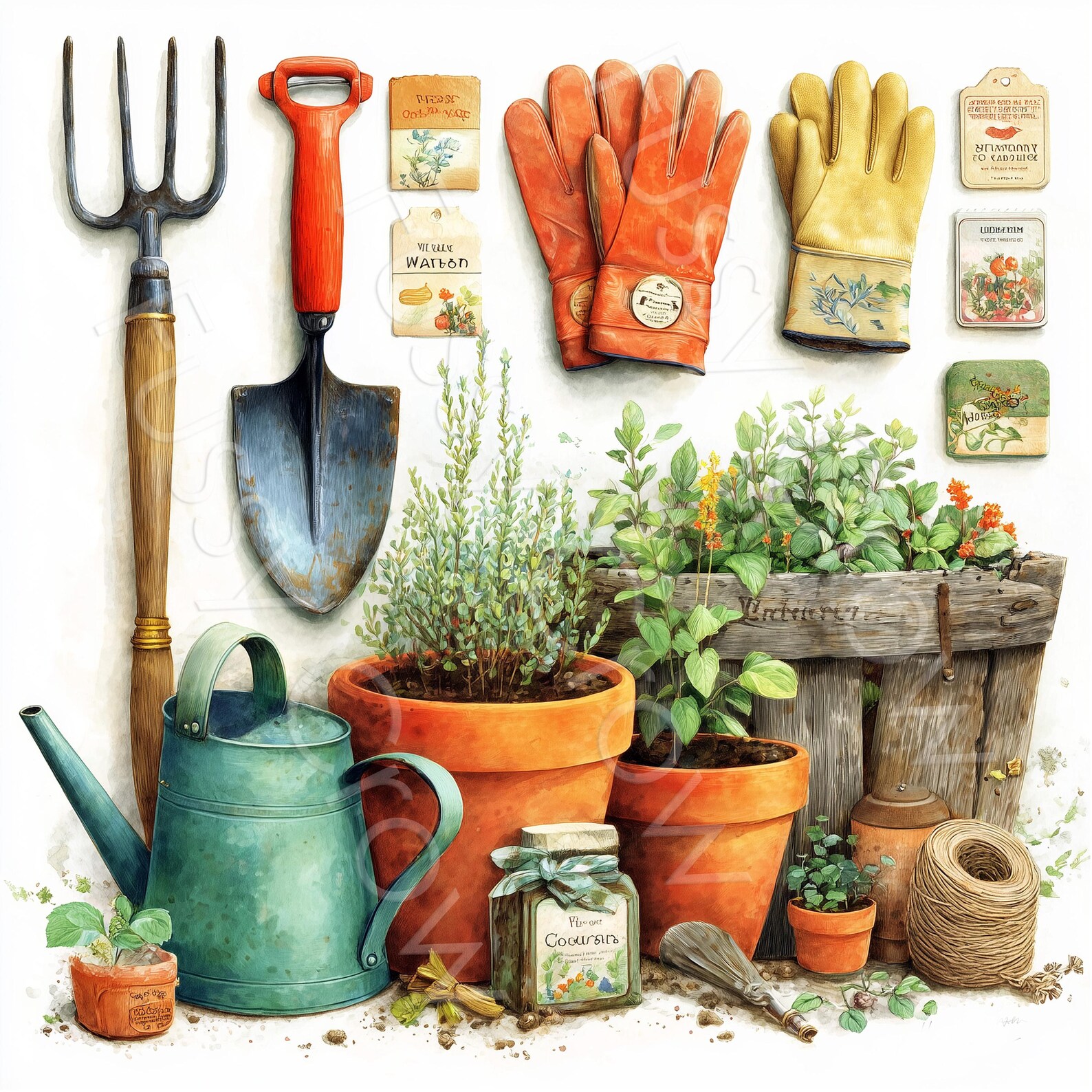 Garden Tools Clipart: Watercolour Rustic Horticulture Ephemera (10 Jpgs ...
