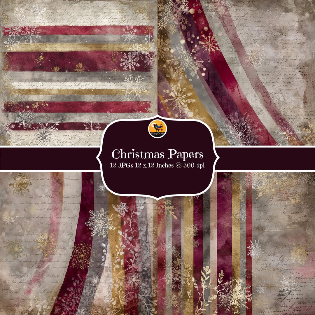 Red & Gold Christmas Digital Papers, Watercolour Holiday Stripes and ...