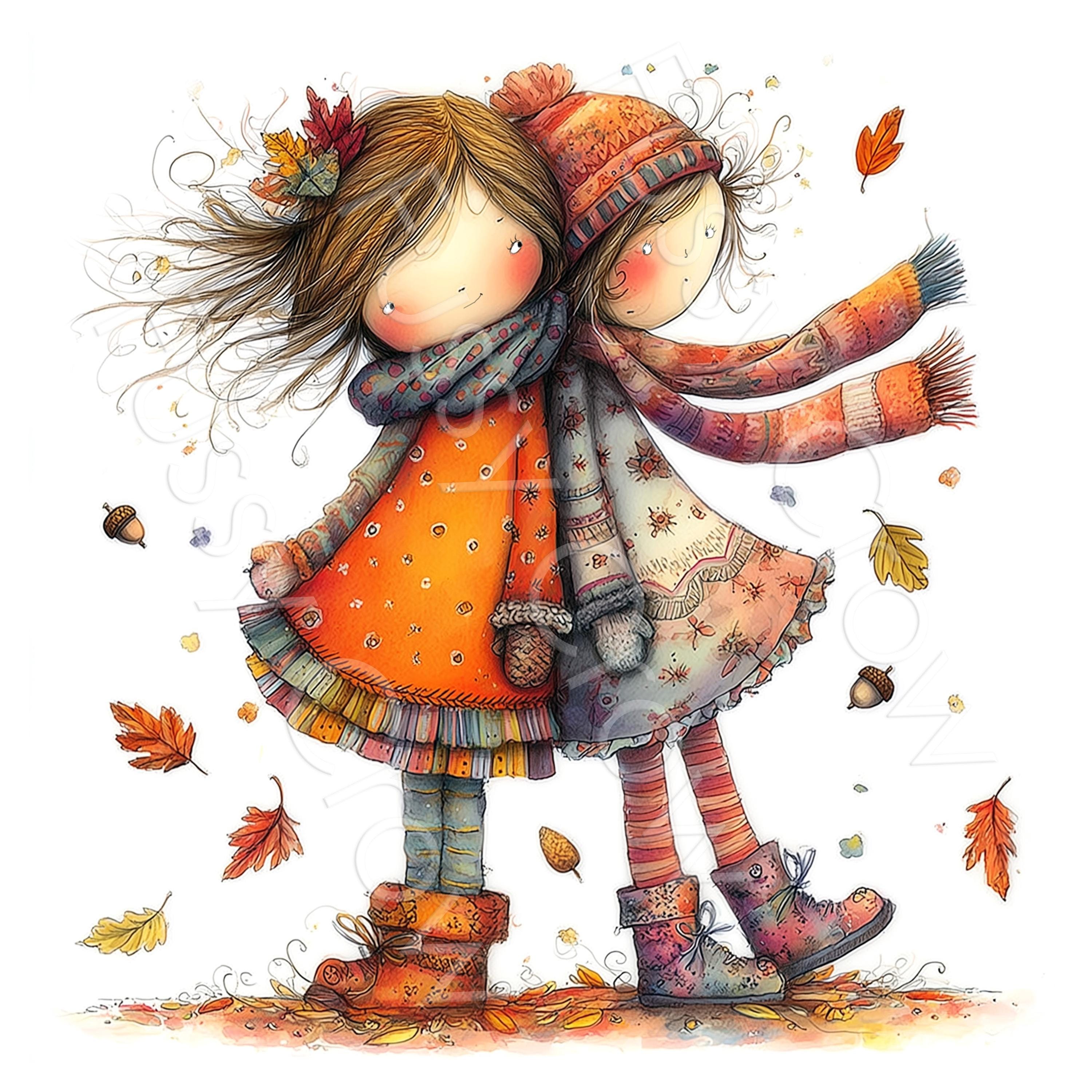 Autumn Best Friends Clipart, 10 Watercolour Whimsical Girl Jpgs for ...
