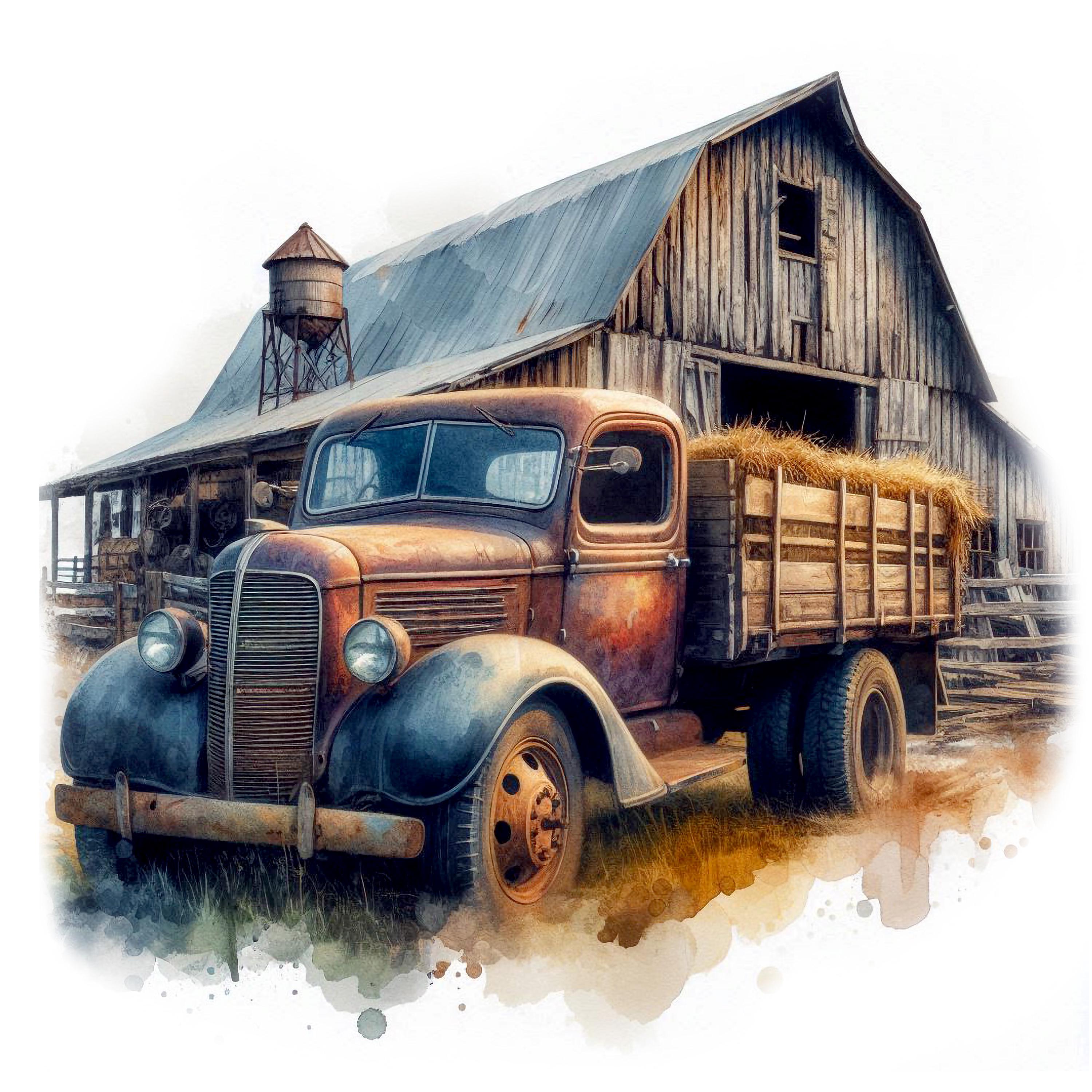 Vintage Farm Truck Clipart 10 High Quality Jpgs, Watercolour Rustic ...