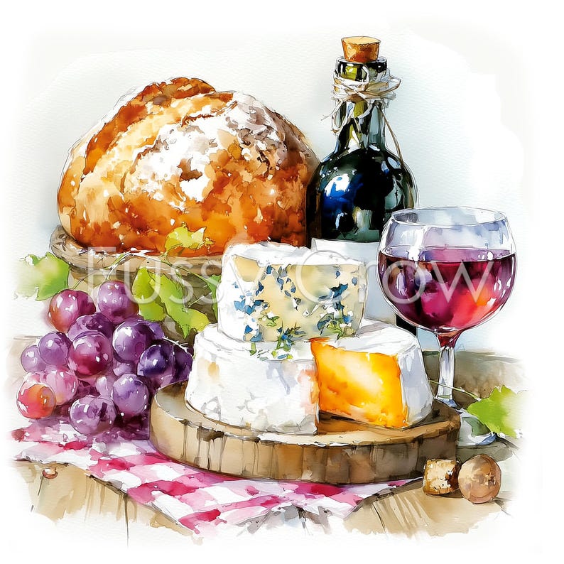 Bread, Cheese and Wine Clipart, 12 High Quality Watercolour Jpgs ...