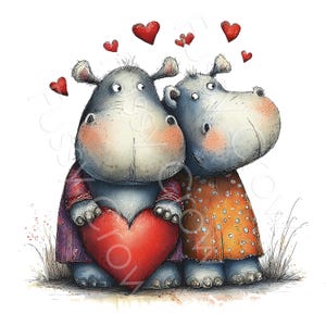 Valentine Hippo Clip Art, Watercolour Quirky Love Animal Graphics, 10 ...