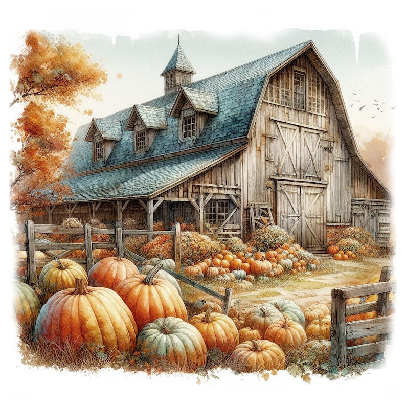 Autumn Farmhouse Clipart 10 High Quality Jpgs, Watercolour Rustic Fall ...