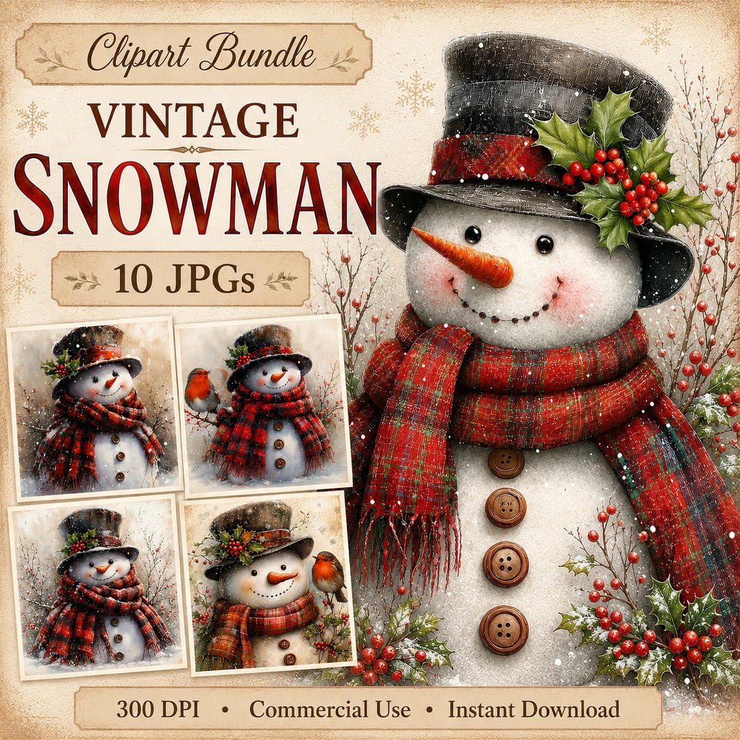 Vintage Snowman Clipart, 10 Watercolour Retro Christmas Jpgs for Card ...