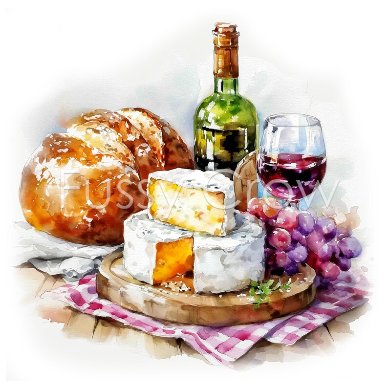 Bread, Cheese and Wine Clipart, 12 High Quality Watercolour Jpgs ...