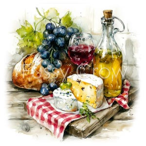 Bread, Cheese and Wine Clipart, 12 High Quality Watercolour Jpgs ...