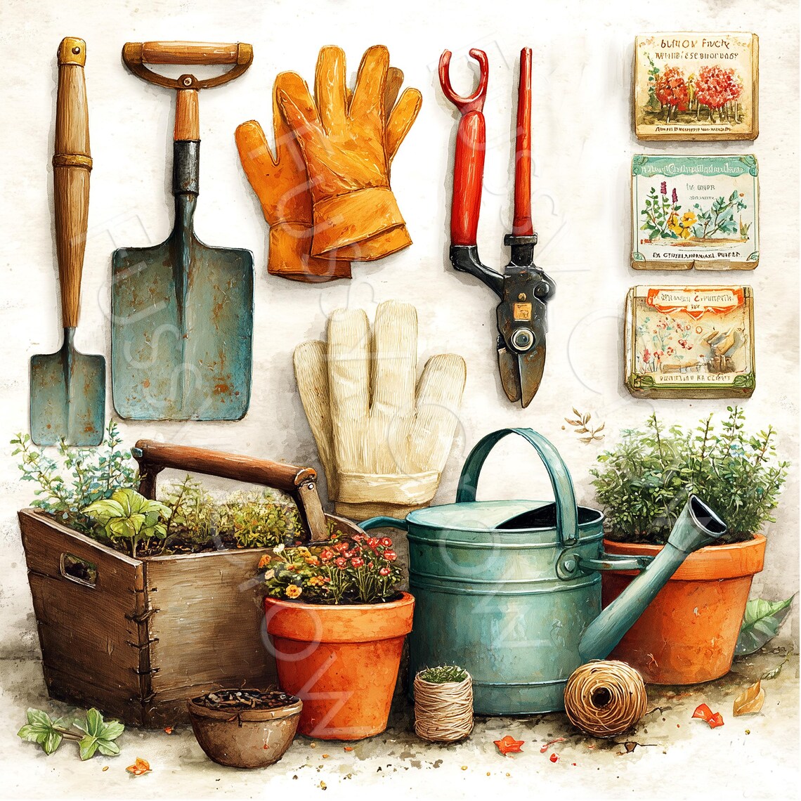 Garden Tools Clipart: Watercolour Rustic Horticulture Ephemera (10 Jpgs ...