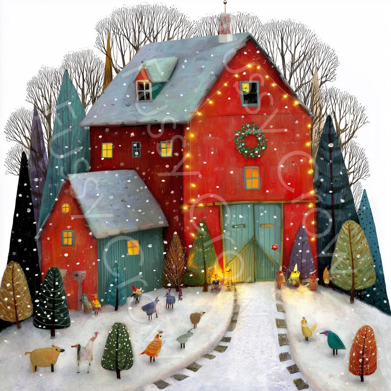 Christmas Red Barn Clipart, 12 Watercolour Snowy Winter Farm Jpgs for ...