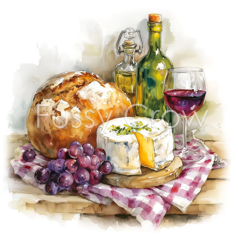 Bread, Cheese and Wine Clipart, 12 High Quality Watercolour Jpgs ...