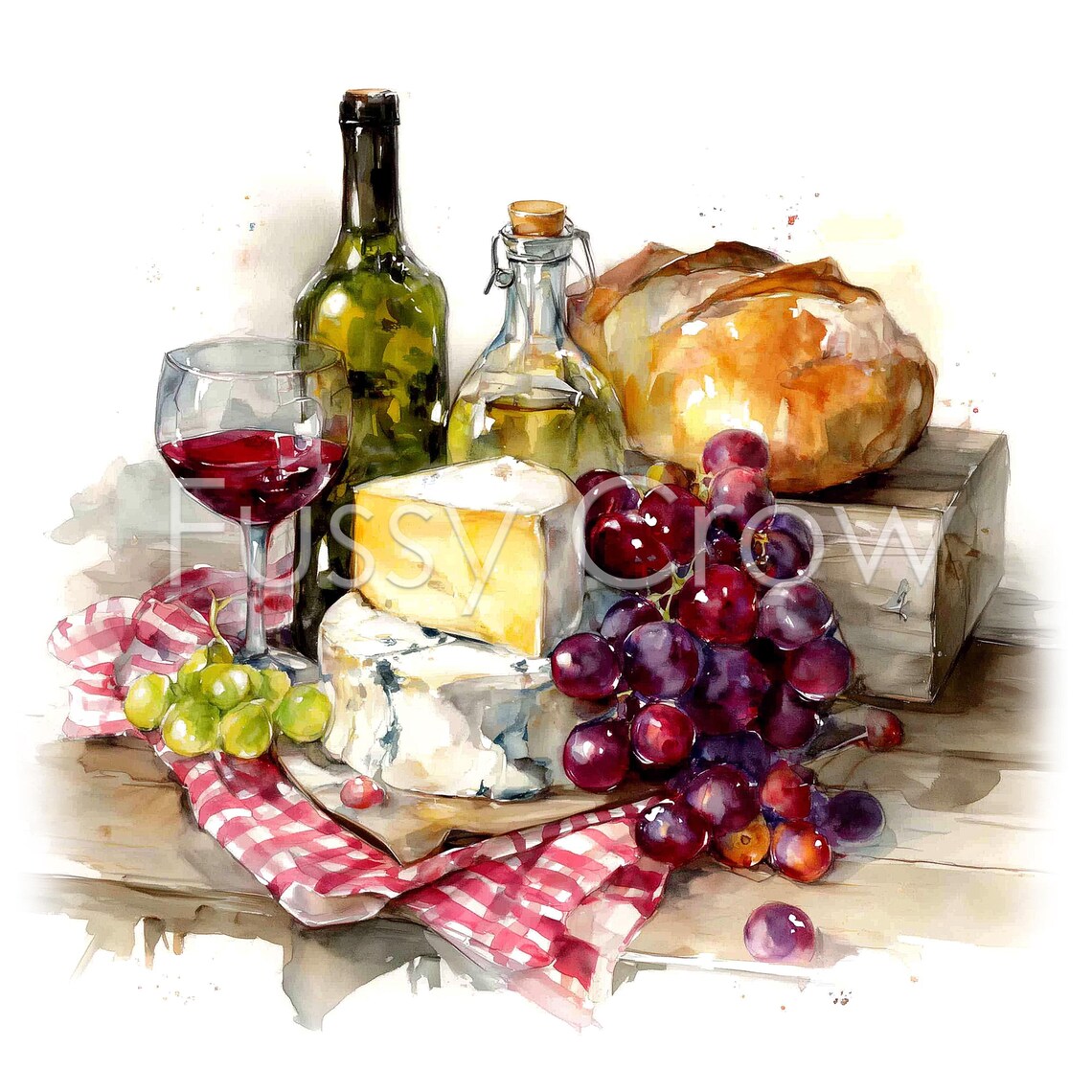 Bread, Cheese and Wine Clipart, 12 High Quality Watercolour Jpgs ...