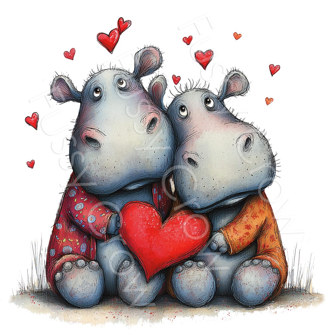 Valentine Hippo Clip Art, Watercolour Quirky Love Animal Graphics, 10 ...