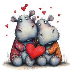 Valentine Hippo Clip Art, Watercolour Quirky Love Animal Graphics, 10 ...