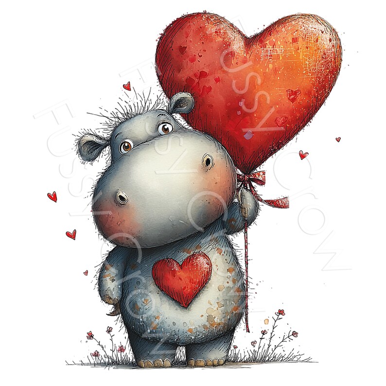 Valentine Hippo Clip Art, Watercolour Quirky Love Animal Graphics, 10 ...
