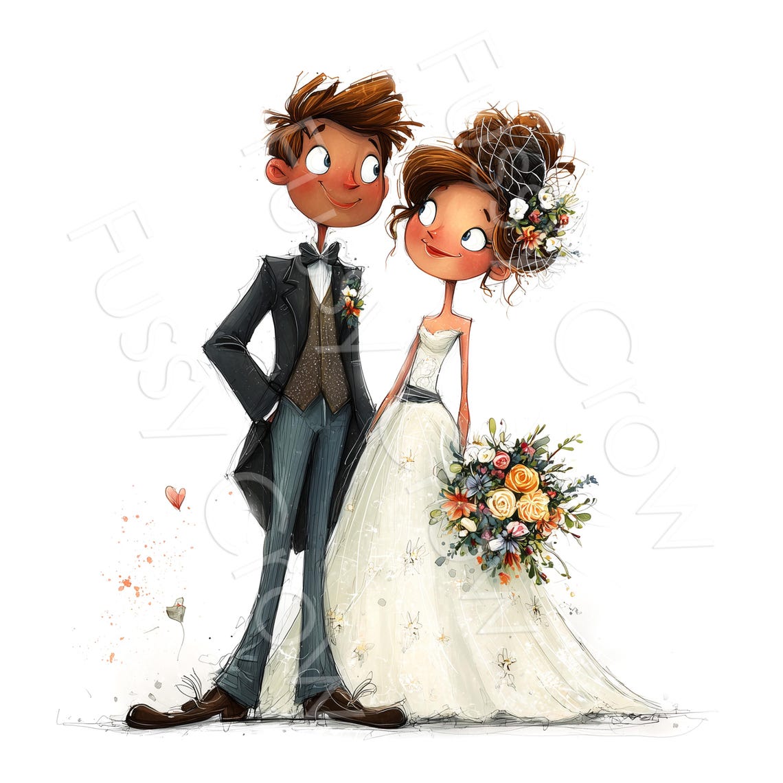 Quirky Wedding Clip Art, Watercolour Bride and Groom, 10 Jpgs, Digital ...