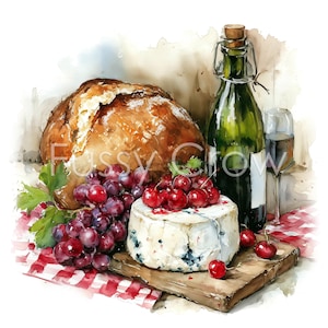 Bread, Cheese and Wine Clipart, 12 High Quality Watercolour Jpgs ...
