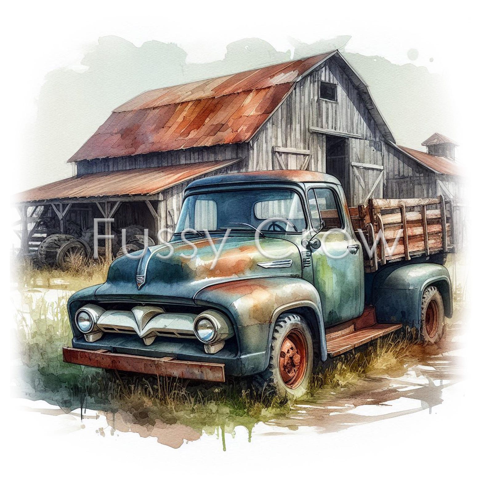 Vintage Farm Truck Clipart 10 High Quality Jpgs, Watercolour Rustic ...