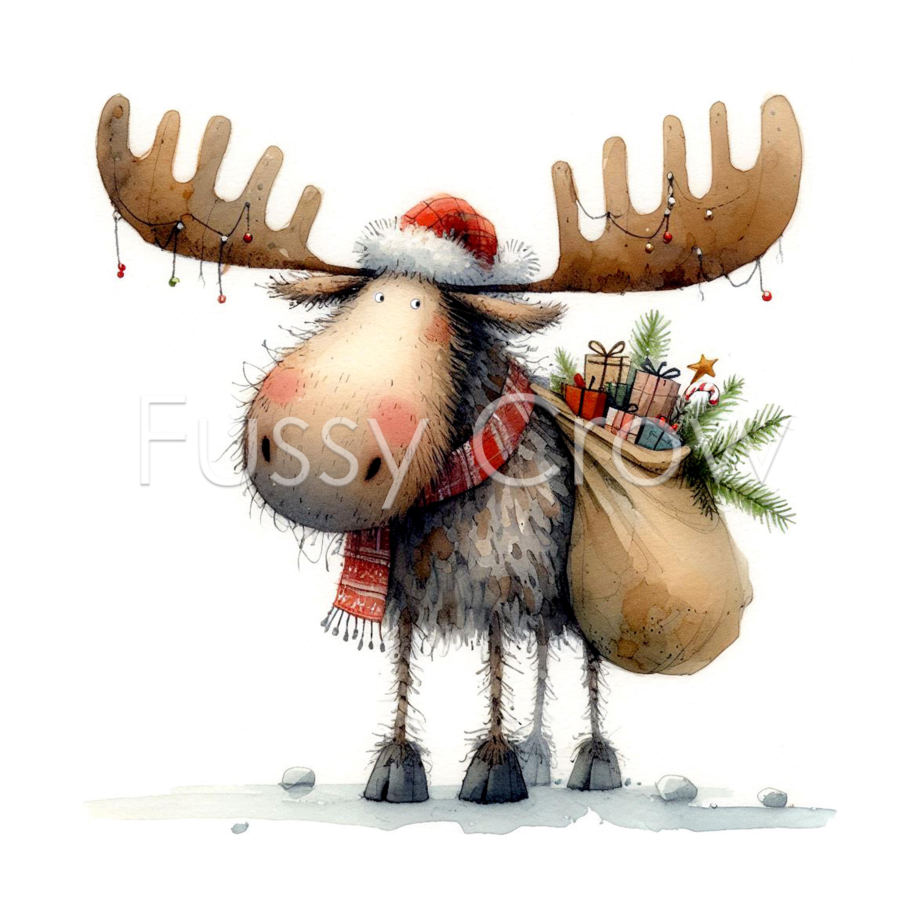Funny Christmas Moose Clipart, 17 High Quality Jpgs, Watercolour Quirky ...
