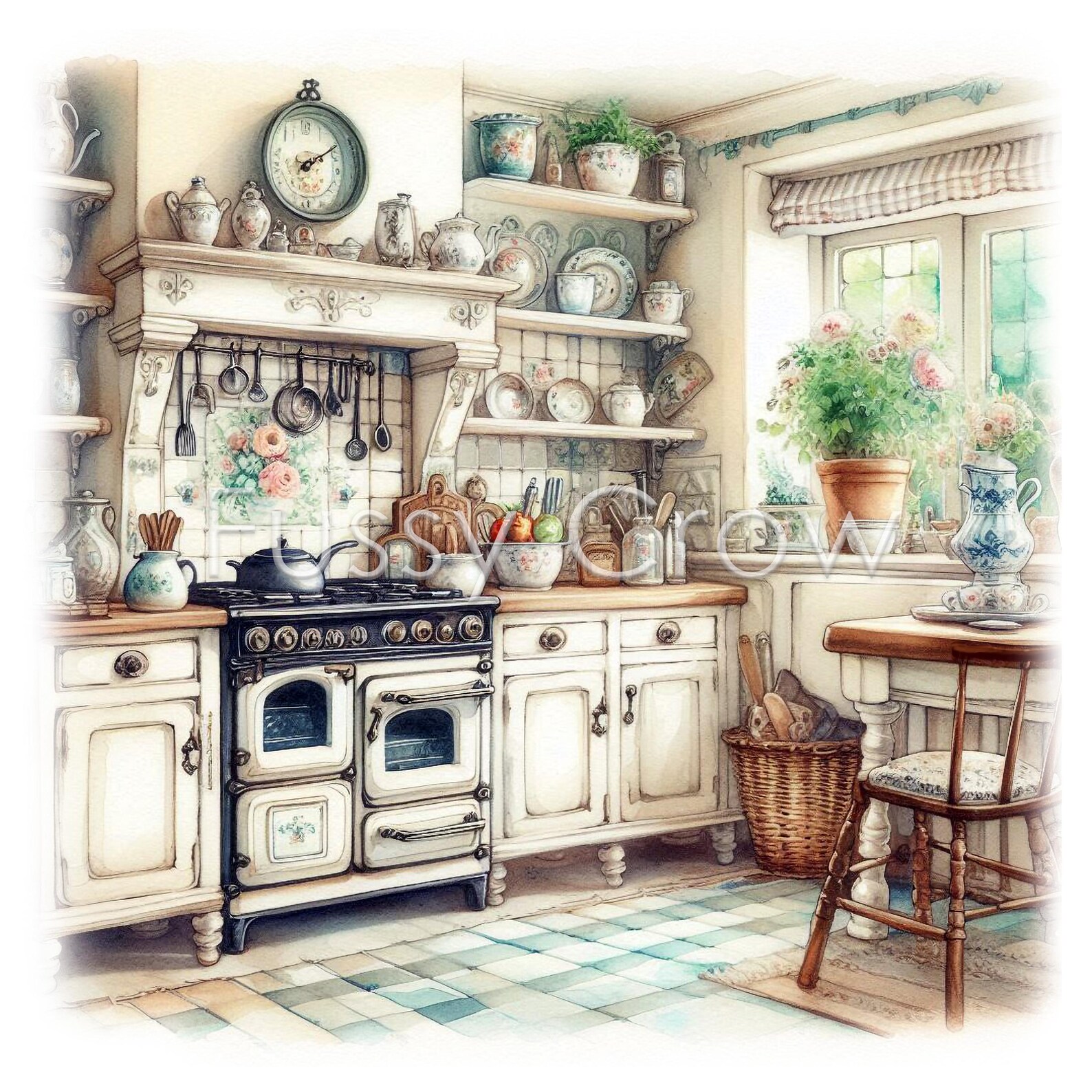 Shabby Chic Kitchen Clipart 10 High Quality Jpgs, Watercolour Country ...