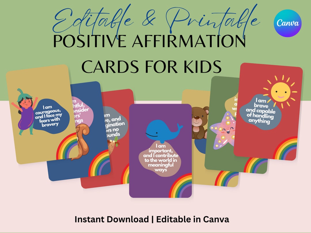 Positive Affirmation Cards for Kids Motivational Cards Editable ...
