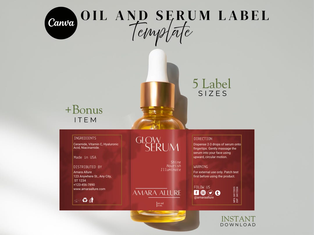 Oil & Serum Label Canva Template | Editable Skincare Product Labels ...