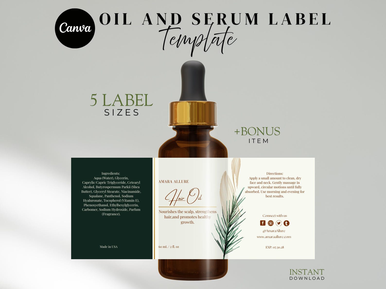 Aesthetic Hair Oil & Serum Bottle Label Template Editable Printable DIY ...