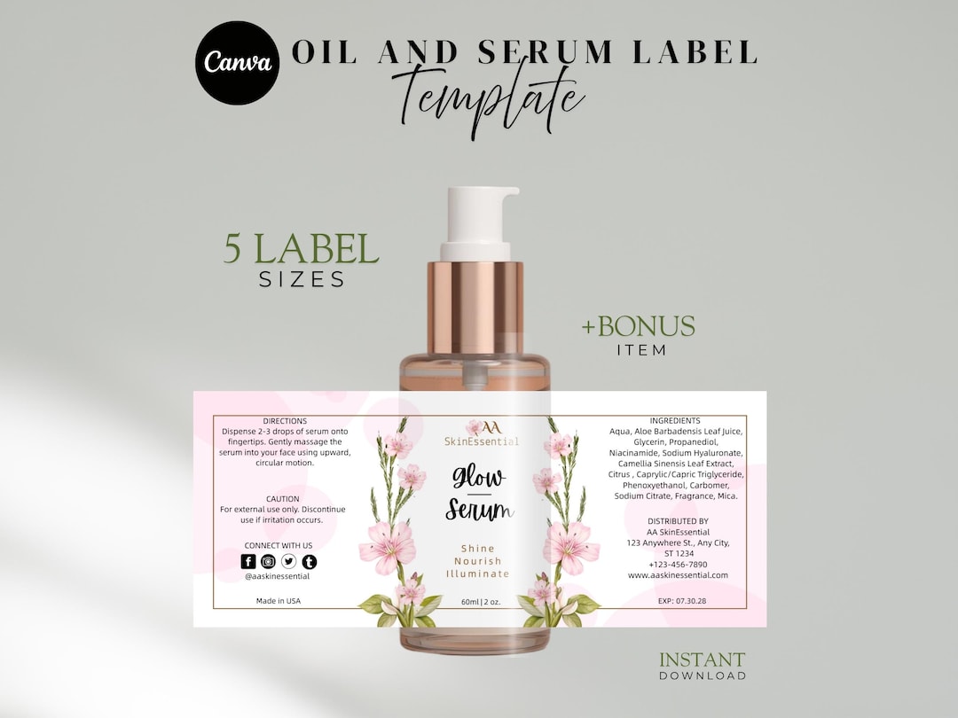 Editable Oil & Serum Label Template | Floral Skincare Bottle Labels ...