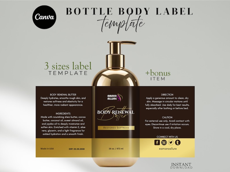 Brown & Gold Body Label Template Editable Canva Design for Skincare ...