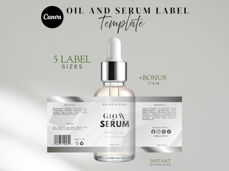 Serum Label Template | Oil Bottle Labels | Editable Canva Skincare ...