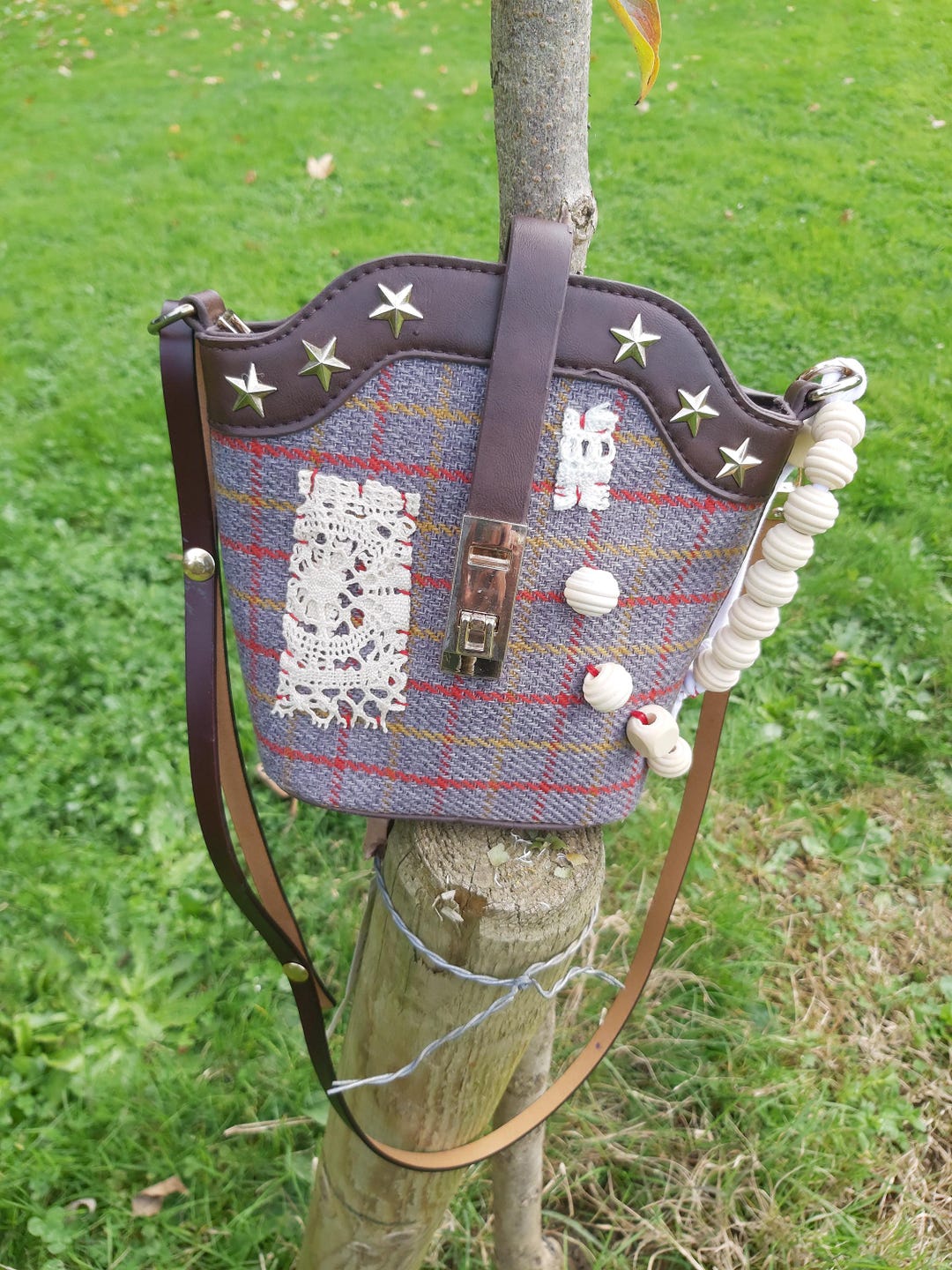 Upcycled Tweed Bucket Bag – Unique Piece With Lace and Buttons | Women ...