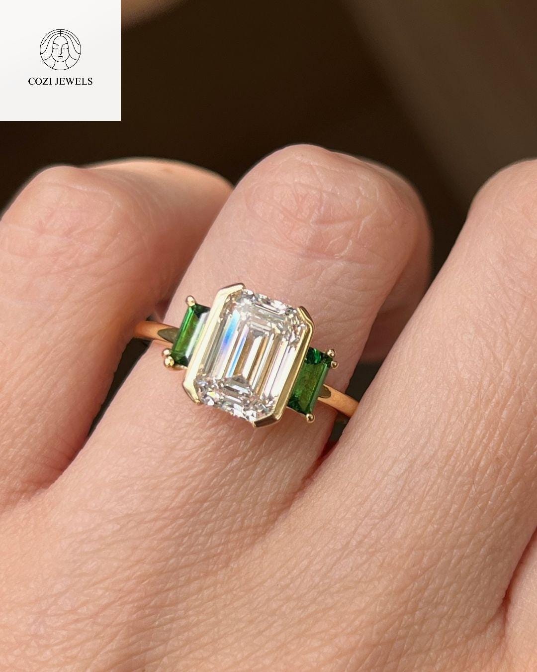 Unique Emerald Cut Emerald & Moissanite 3 Stone Engagement Ring | 14K ...