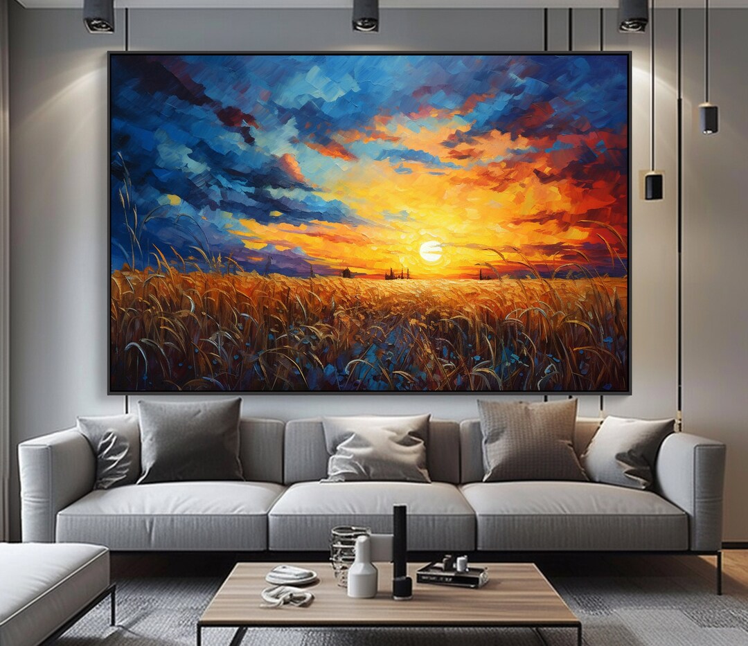 Abstract Countryside Sunset Oil Painting on Canvas, Textured Painting ...