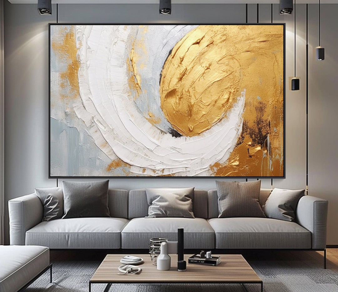 Abstract Half Moon White and Gold Color Painting Oil Painting on Canvas ...